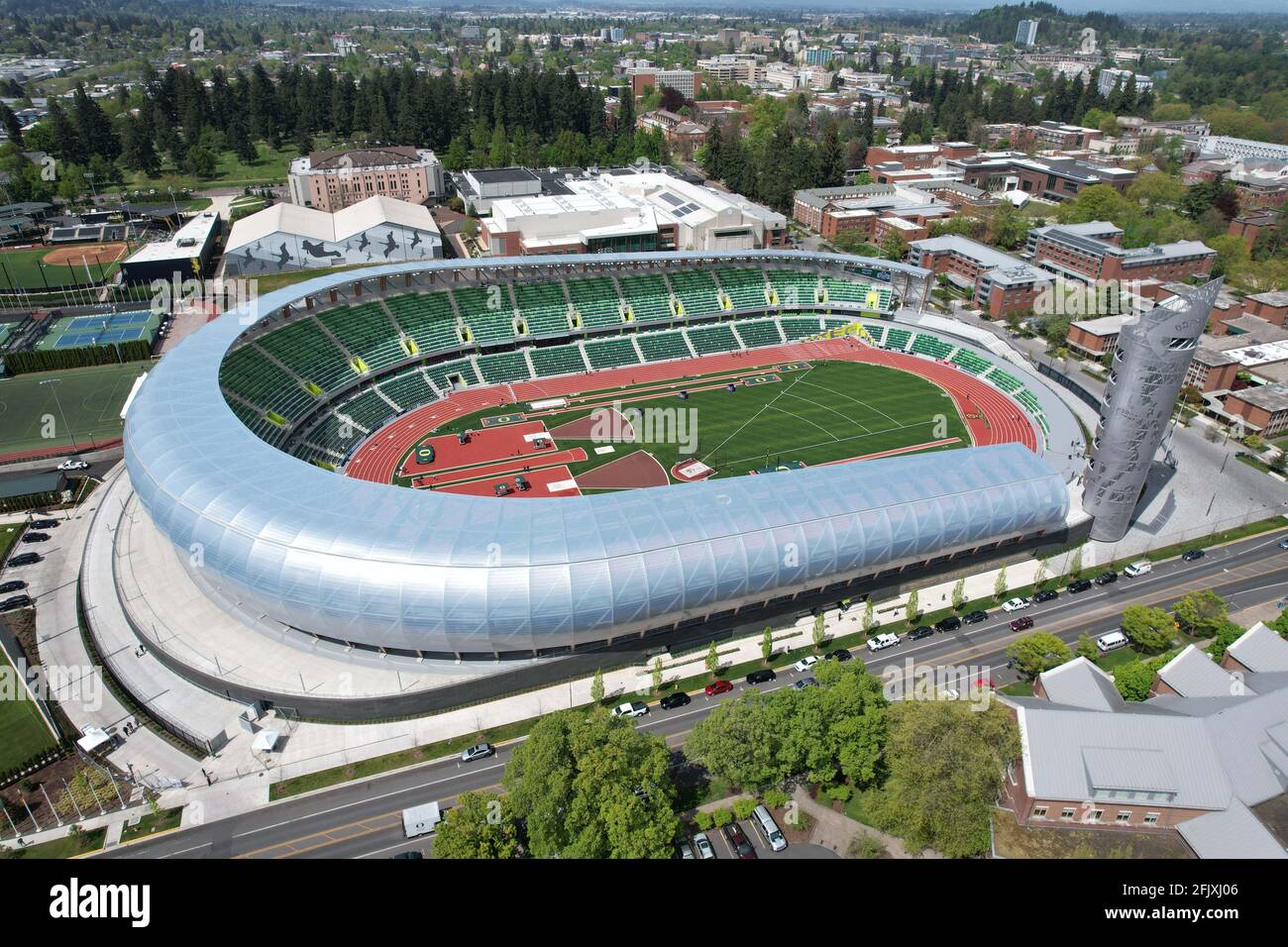 An aerial view of Hayward Field on the campus of the University of ...