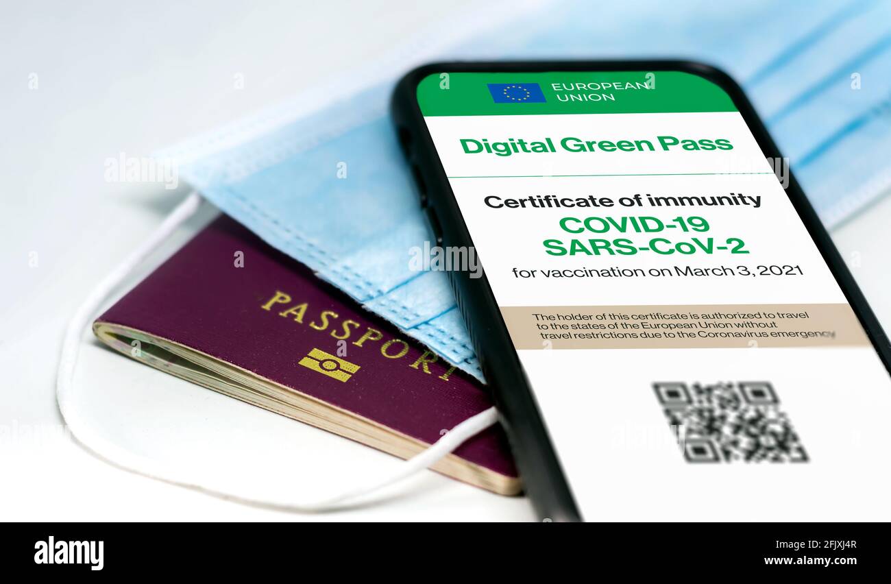 The digital green pass of the european union with the QR code on the ...