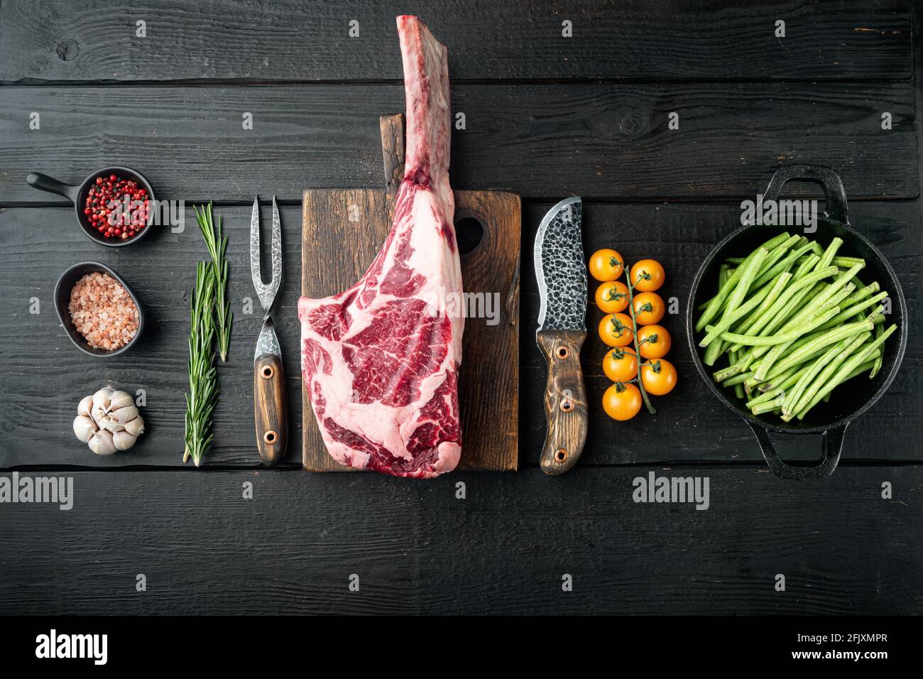 Raw fresh tomahawk dry aged marbled beef chop steak set, with grill ...