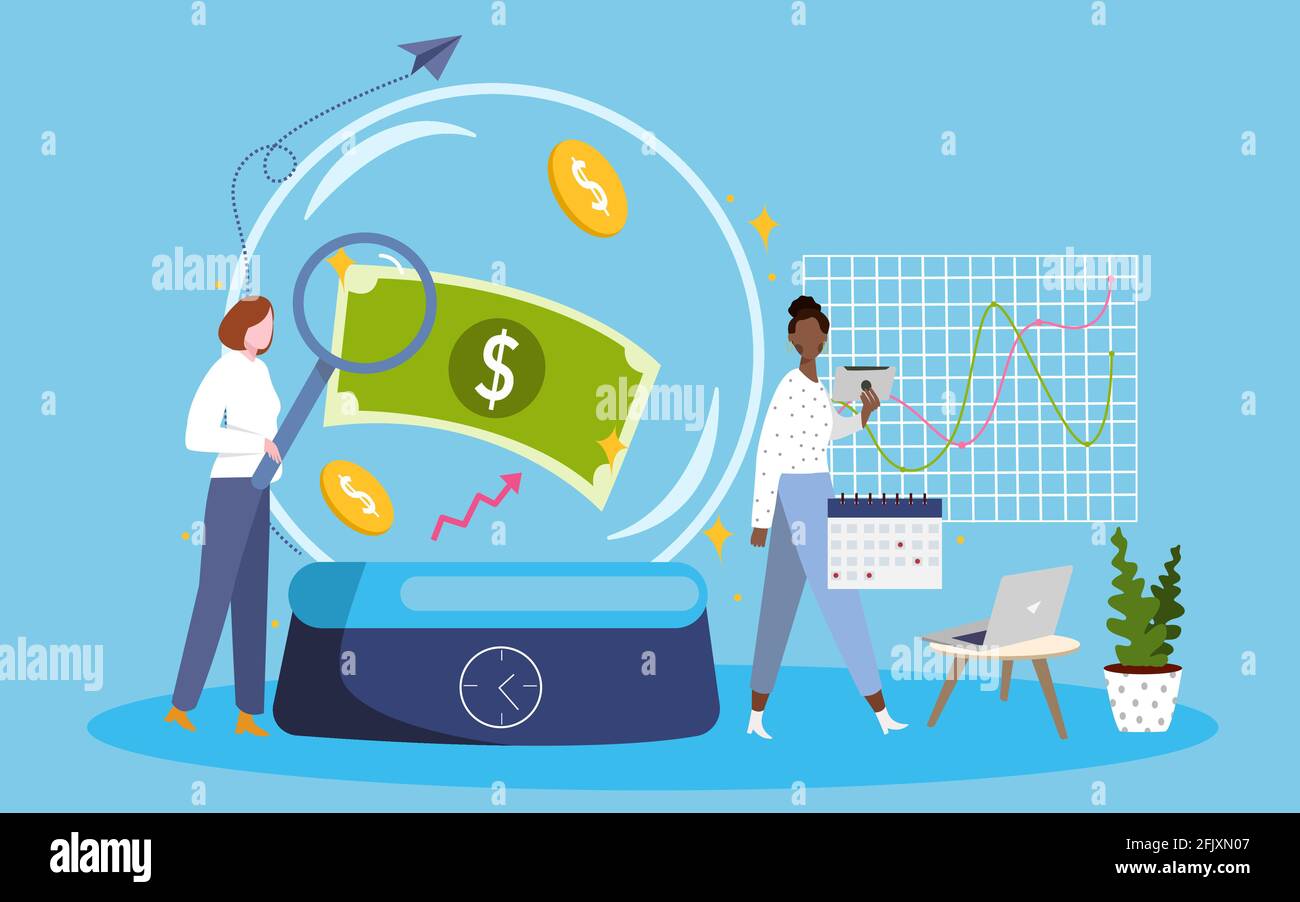 economic indicator concept women magnifying money dollar currency ...