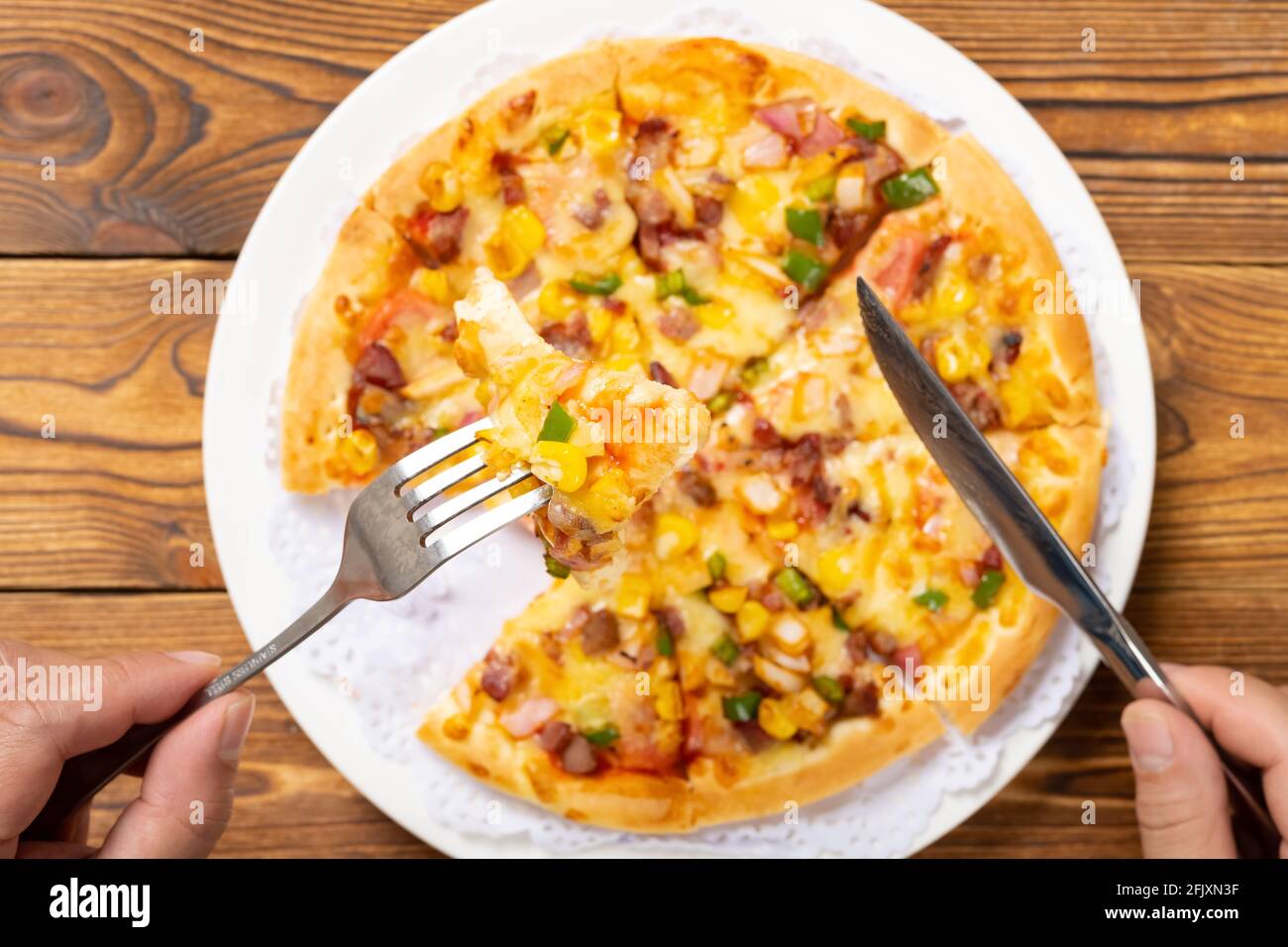 top view eating fresh pizza with BBQ pork toppings Stock Photo - Alamy