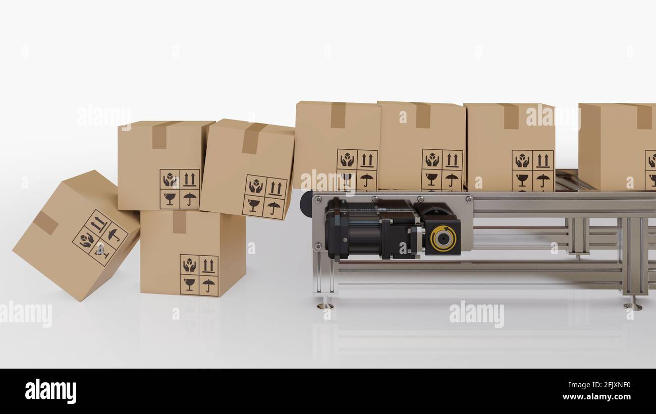 Box on conveyor roller on white background. 3D Rendering Stock Photo ...