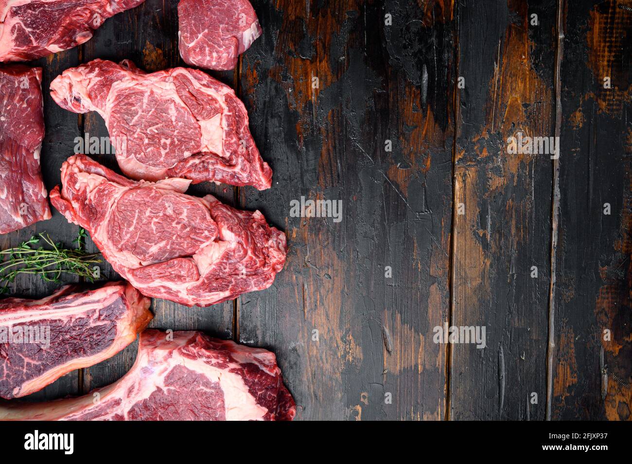 Raw beef meat steaks set, tomahawk, t bone, club steak, rib eye and ...