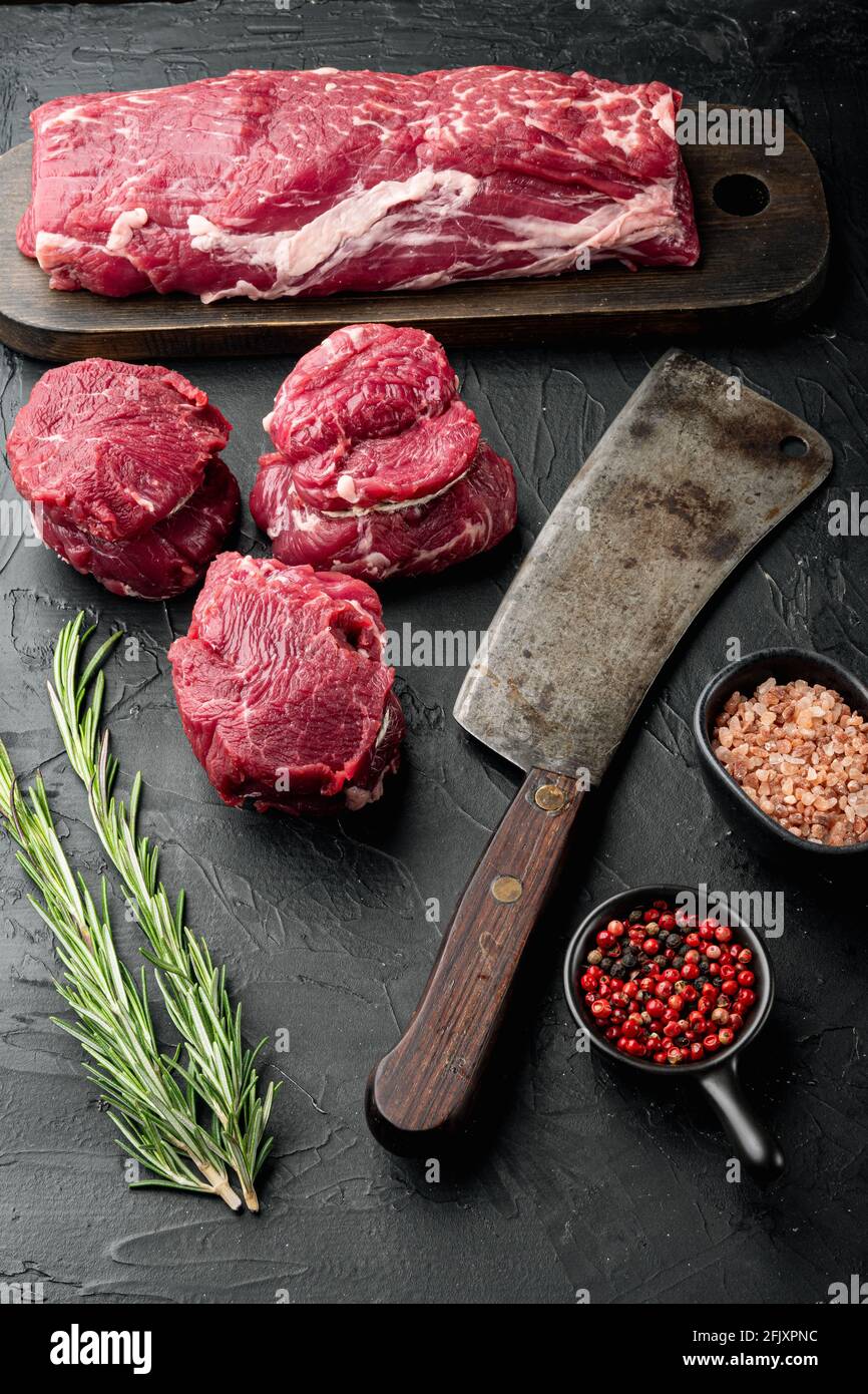 Raw marbled steak set, Filet mignon tenderloin cut , with old butcher ...