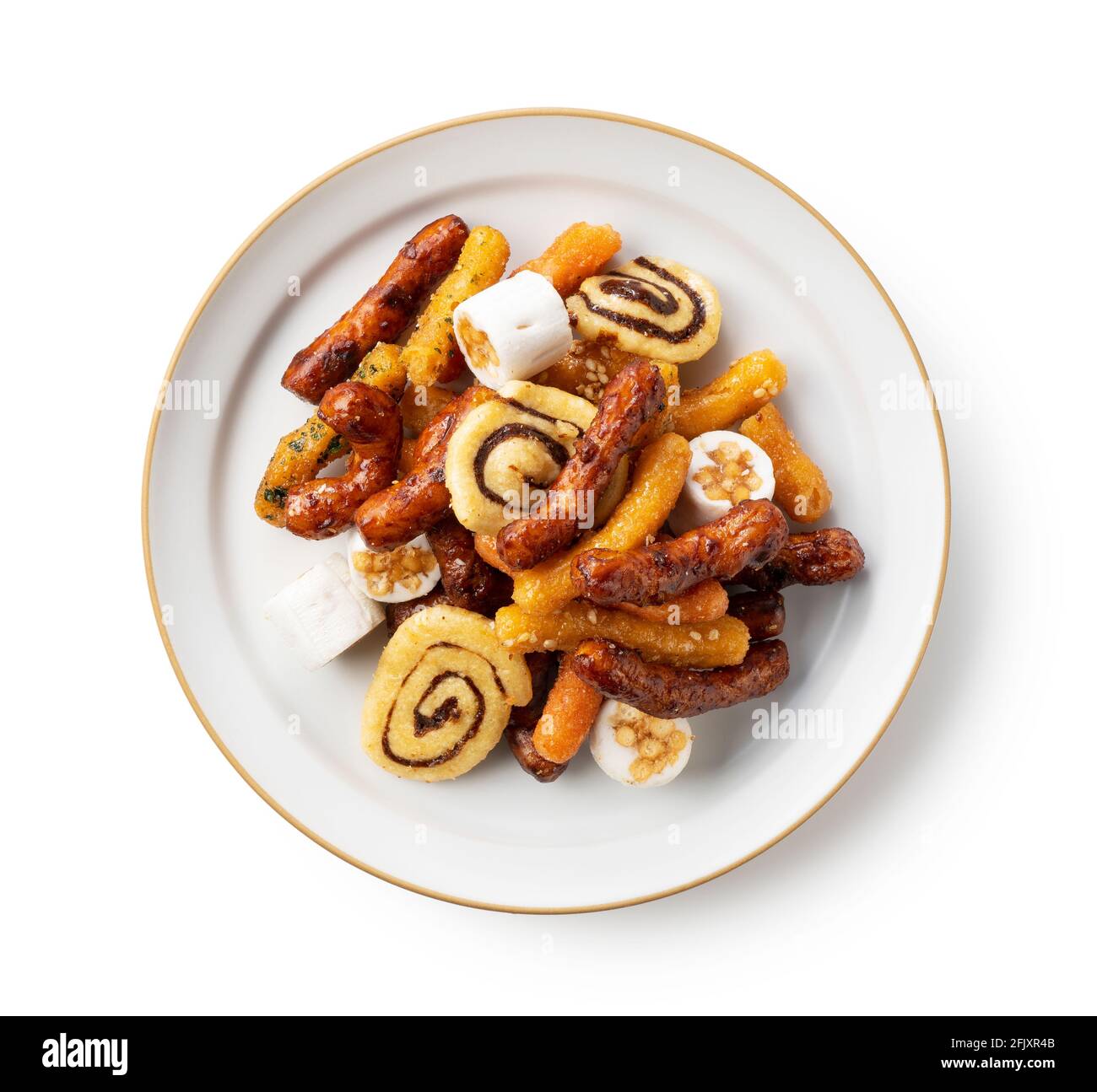 Various types of karinto placed on a white background, viewed from ...