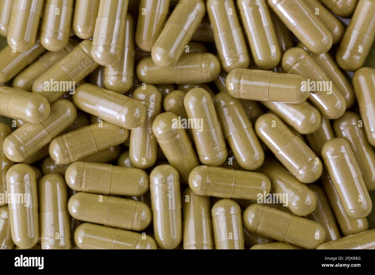 Closeup concentrated herbal capsules of Moringa leaf fiber powder, as ...