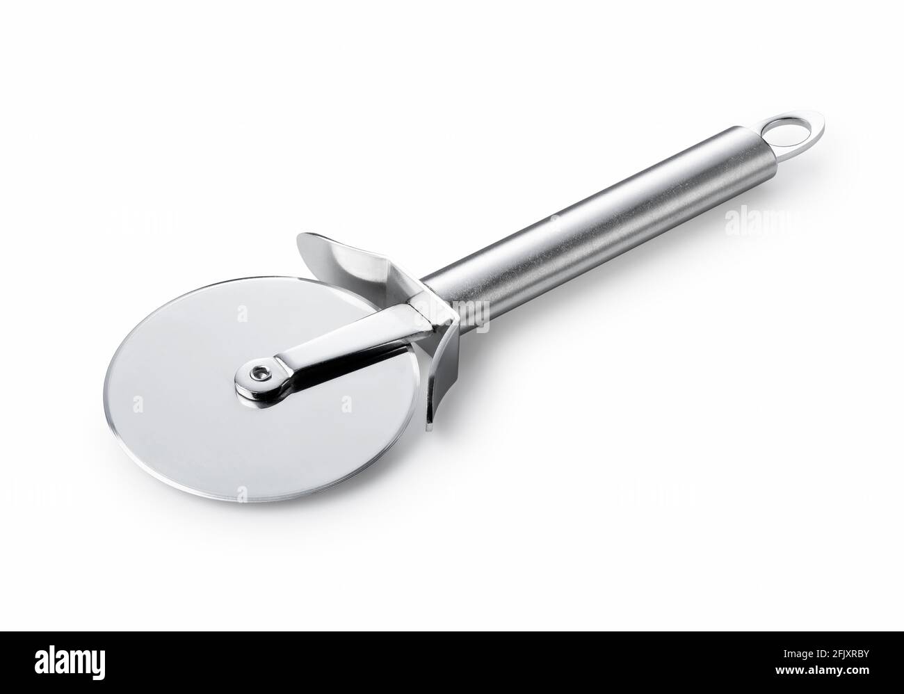 Stainless steel pizza cutter placed on a white background Stock Photo ...