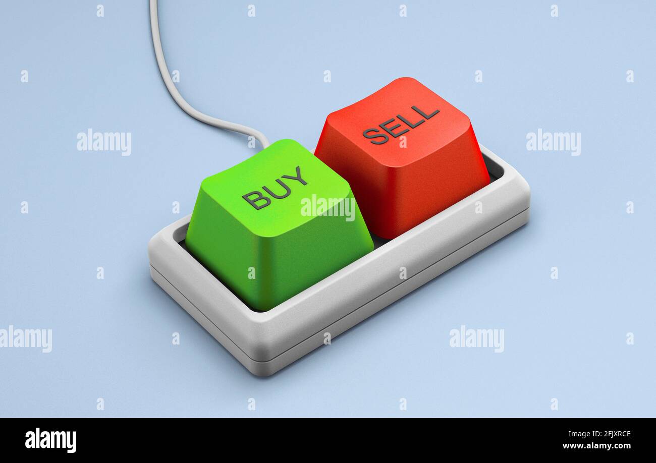 Keyboard with green BUY and red SELL buttons on a blue background. 3d ...