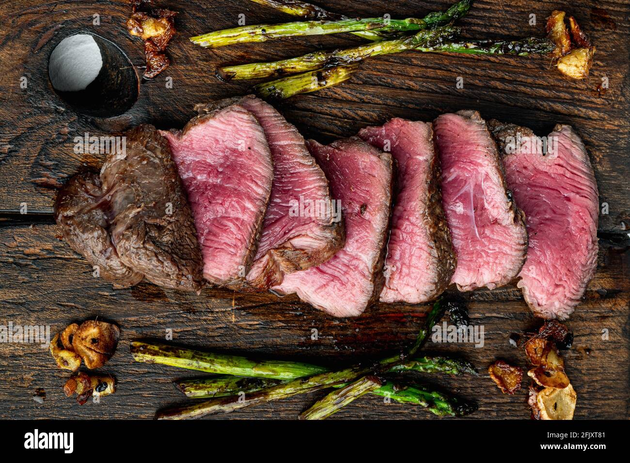 Sliced grilled marbled meat steak Filet Mignon set, with onion and ...