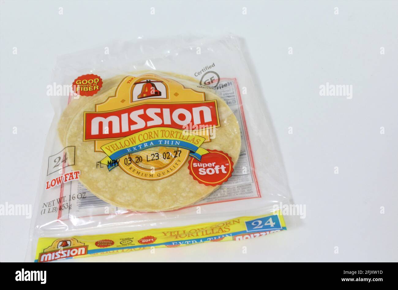 Mission Yellow Corn Tortillas flat lay on white background with copy ...