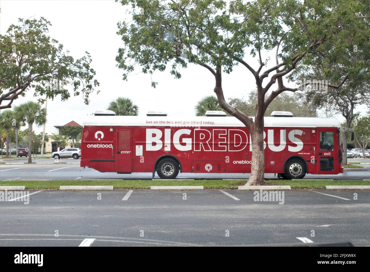 Mobile Big Red Bus parked in parking lot seeking blood donations. Blood ...