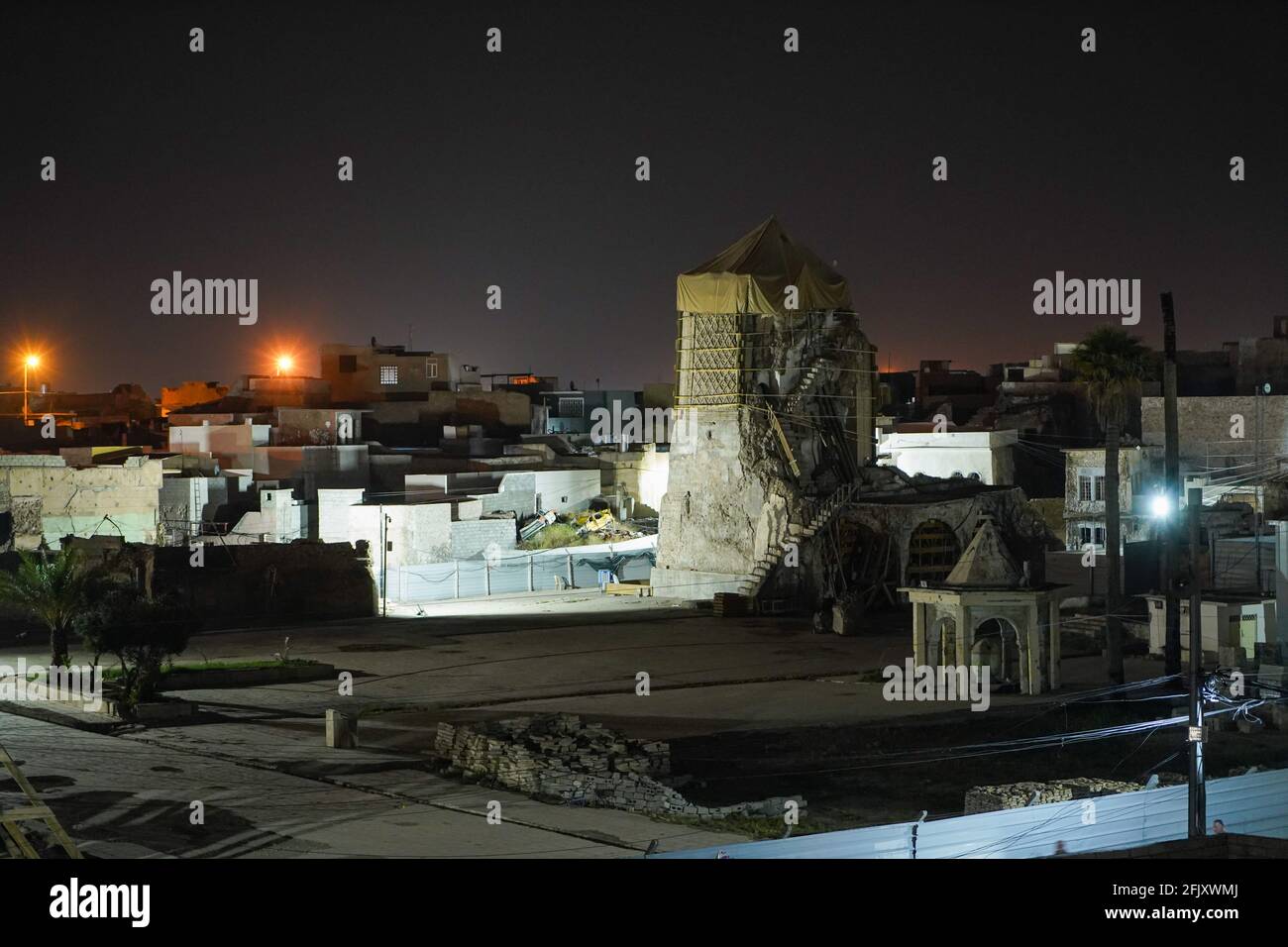 A view from the roof of a destroyed house shows the destroyed Al-Hadba ...