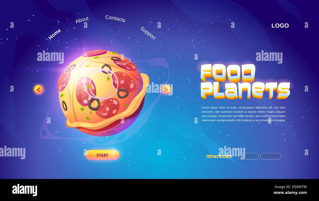 Food planets cartoon landing page with pizza sphere in outer space and ...