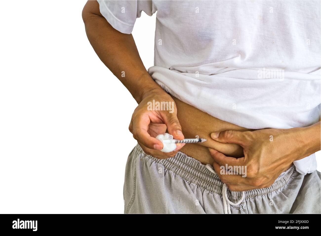 Diabetes patient gets an insulin injection in abdomen area isolated on ...