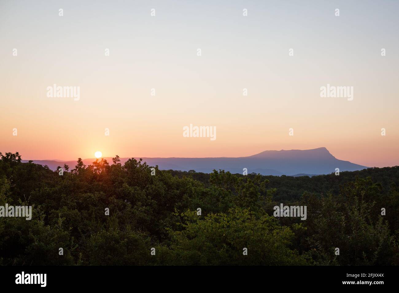 beautiful, evening landscape with mountains and green forest on the ...