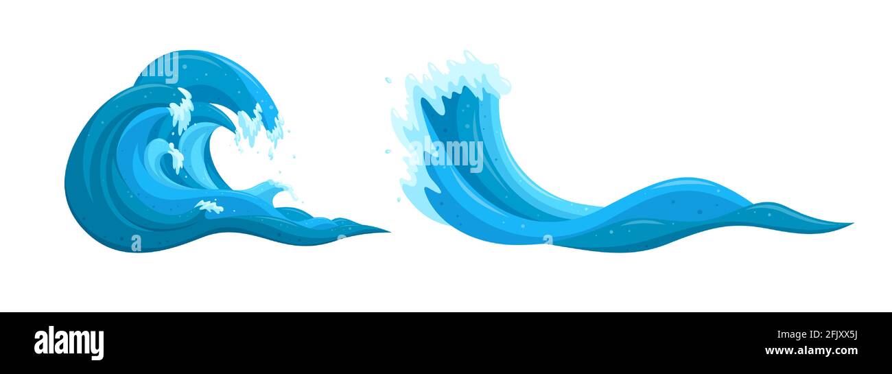 Flooing water elements. Ocean tsunami waves set. Cartoon vector ...