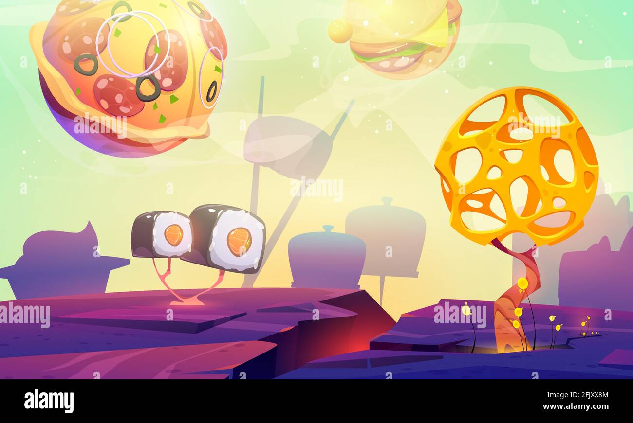 Fast food planet cartoon poster with pizza, burger spheres and sushi ...