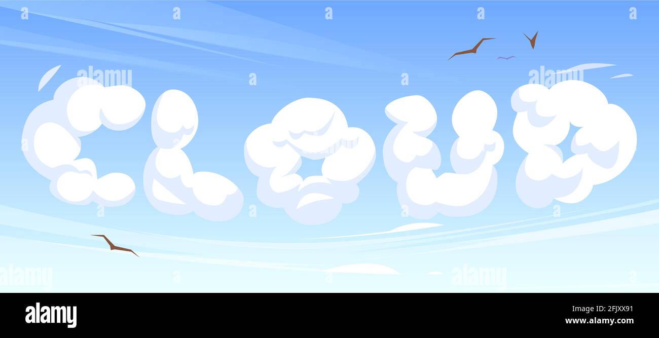 Cartoon word cloud in blue sky or heaven background with flying birds ...