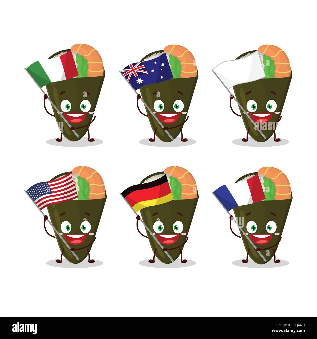 Temaki Cartoon Character Bring The Flags Of Various Countries Vector