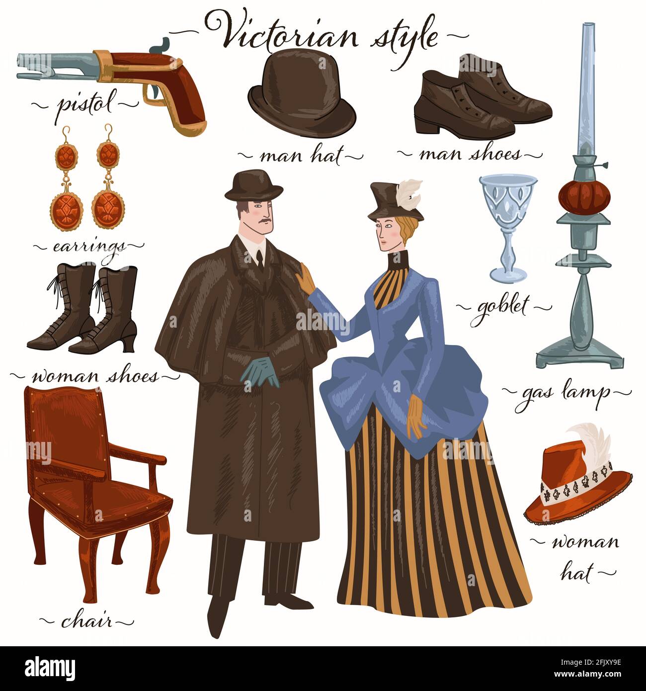Victorian style epoch, couple and furniture object Stock Vector Image ...