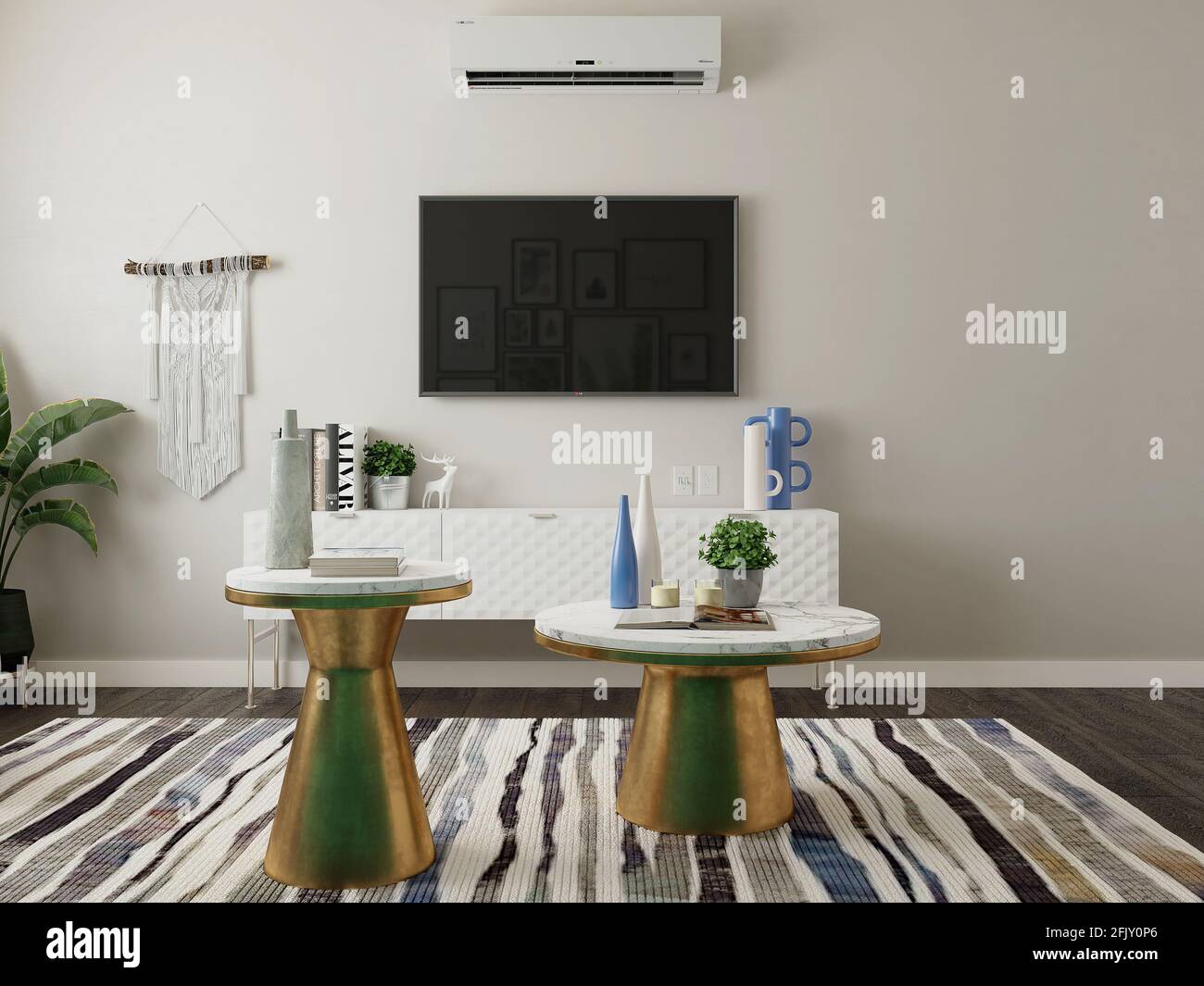 arm chair and design lamp in natural living room with plants and ...
