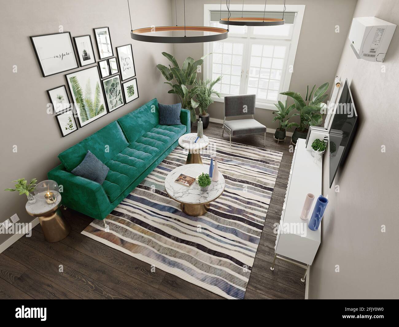 arm chair and design lamp in natural living room with plants and ...