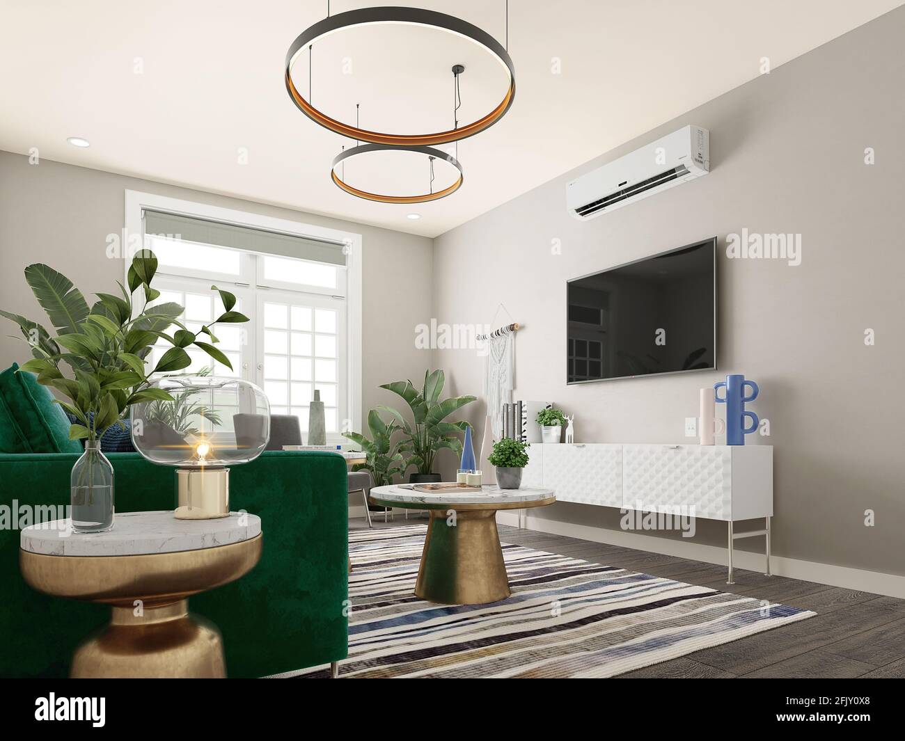 arm chair and design lamp in natural living room with plants and ...