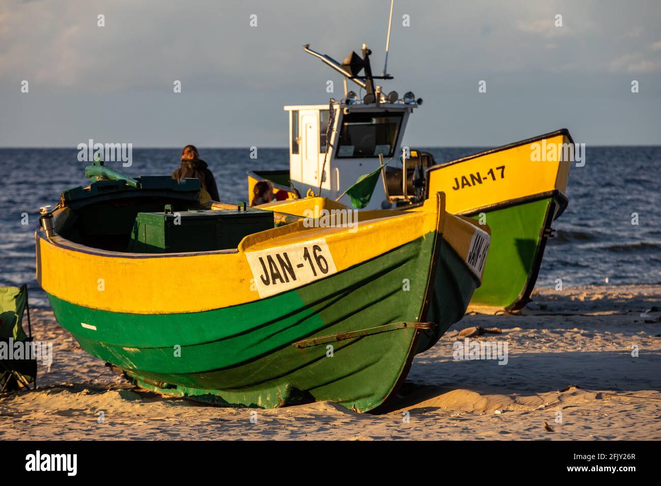 Jantar, Poland - September 7, 2020: Colorful fishing boats on the beach ...