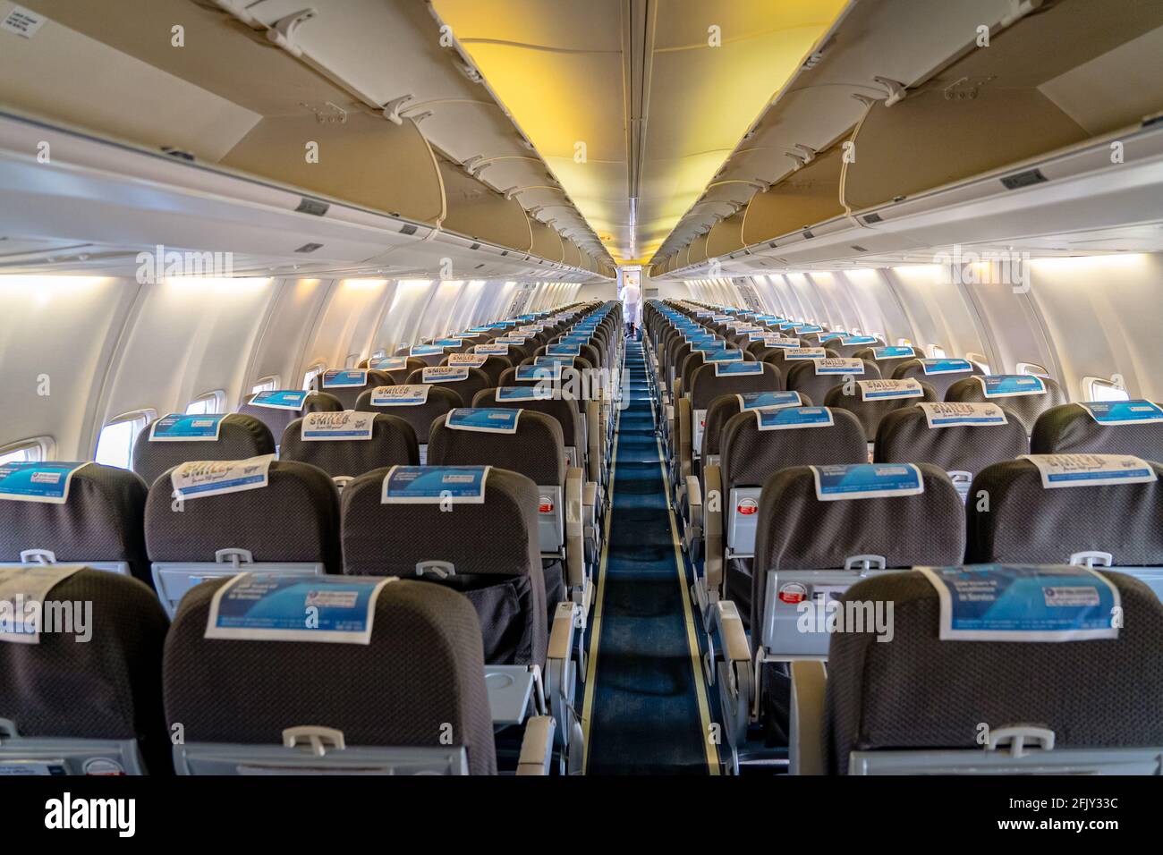 View Down The Aisle Of An Empty Spicejet Aircraft Cabin Overhead Bins