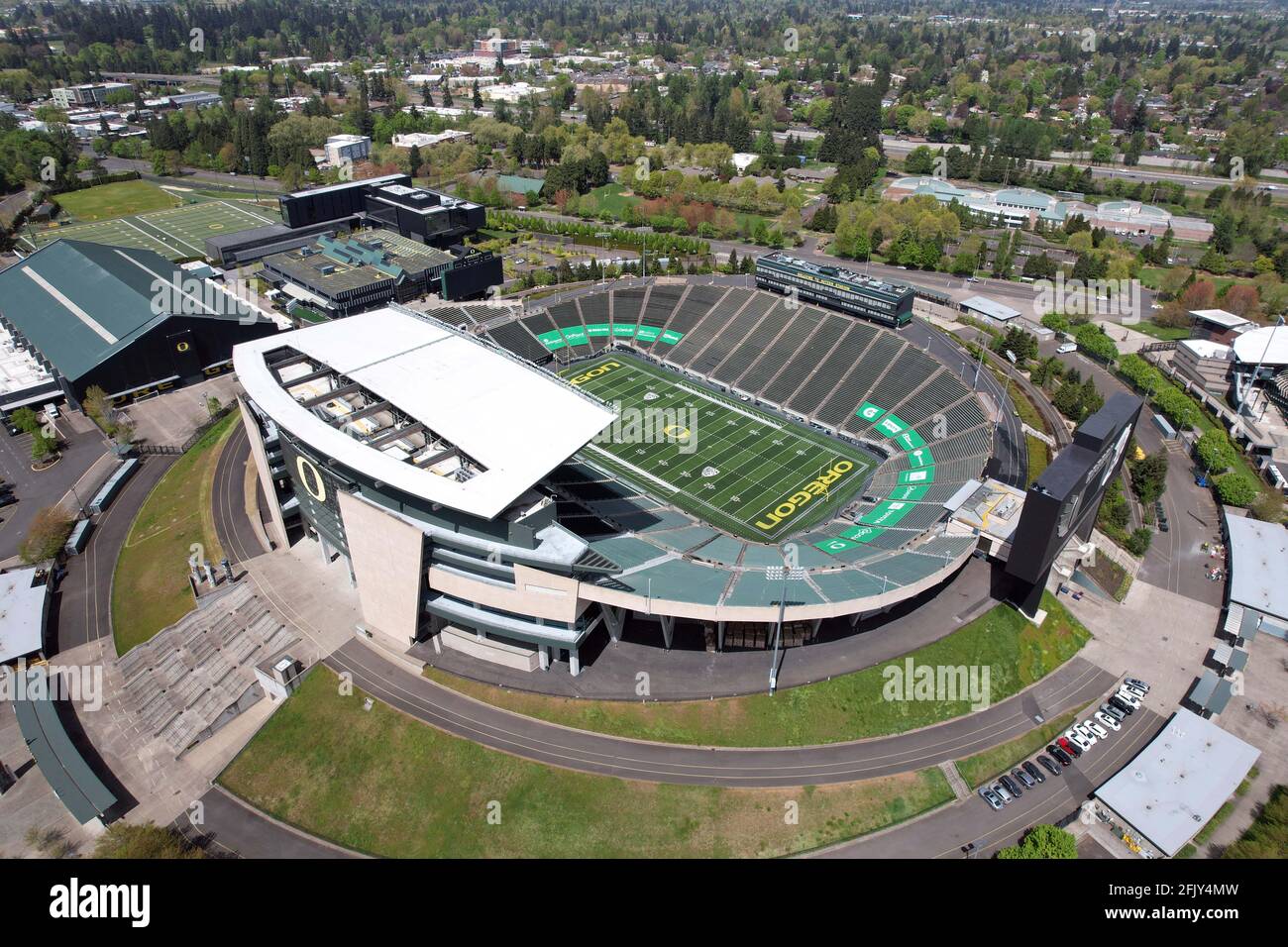 An aerial view of Autzen Stadium on the campus of the University of ...