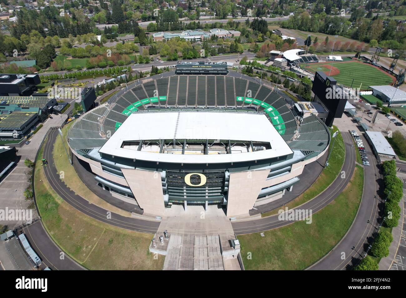 An aerial view of Autzen Stadium on the campus of the University of ...
