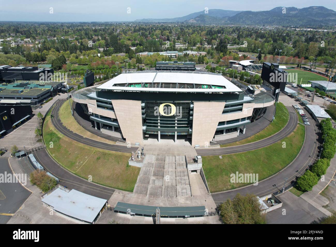 An aerial view of Autzen Stadium on the campus of the University of ...