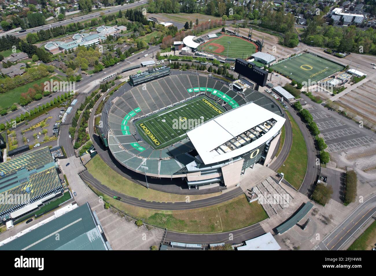 An aerial view of Autzen Stadium on the campus of the University of ...