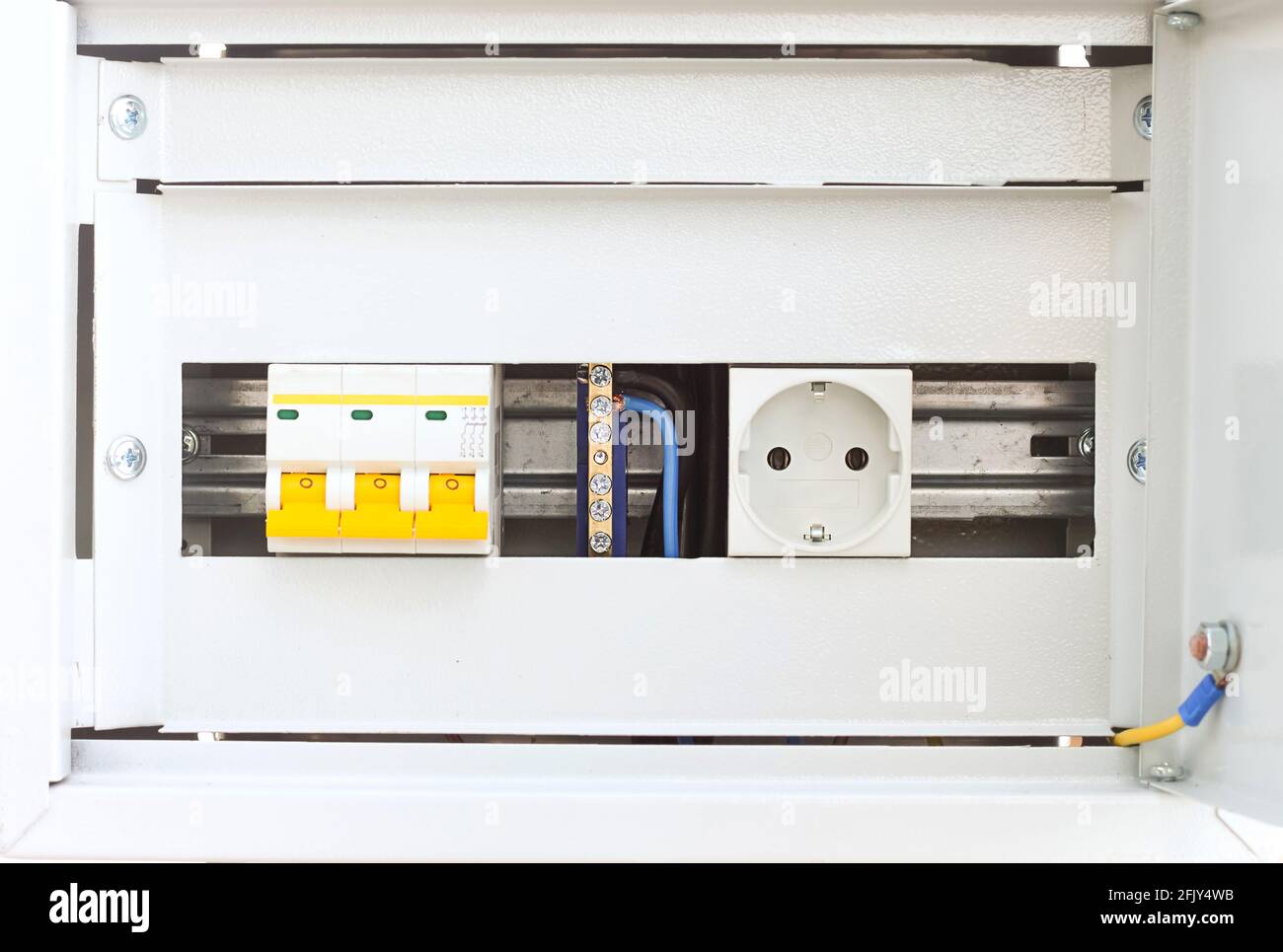 Outdoor electric shield in a private home. Socket, switch, electrical ...