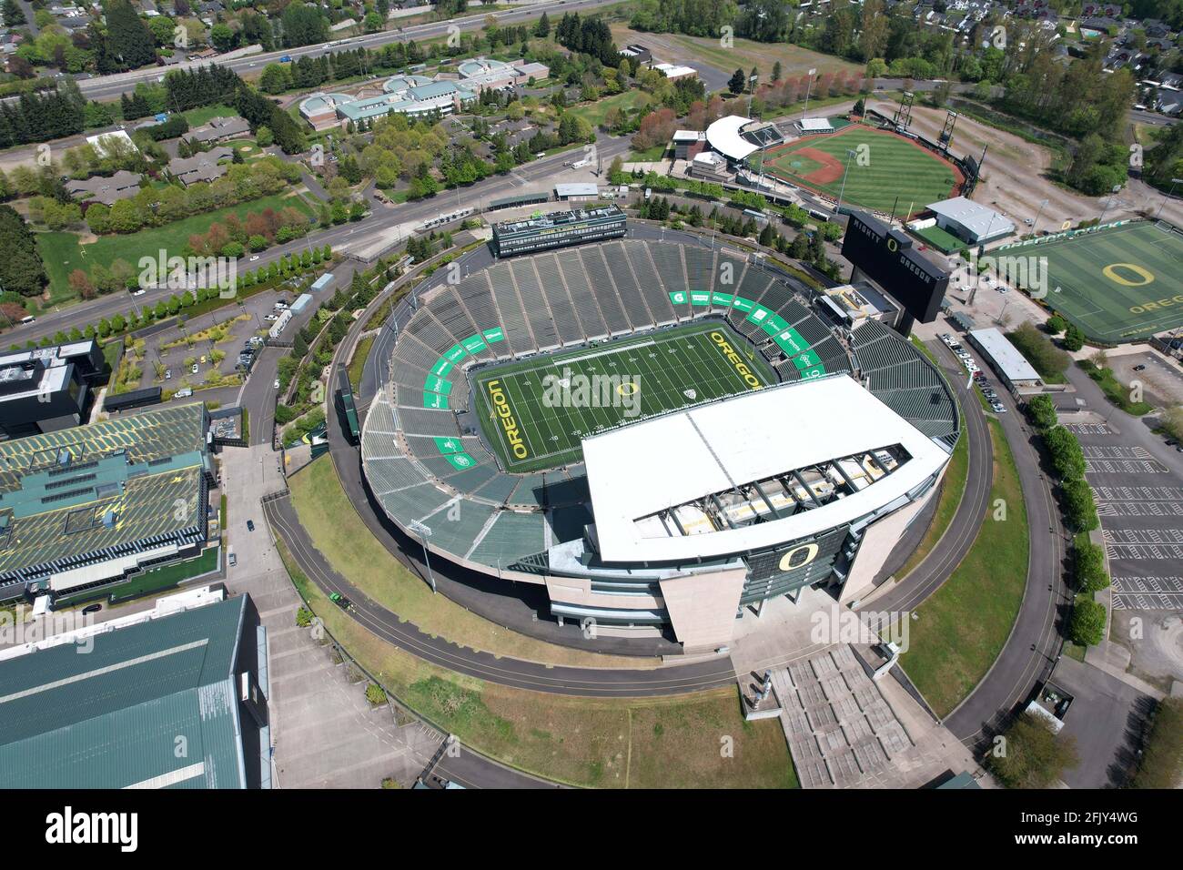 An aerial view of Autzen Stadium on the campus of the University of ...