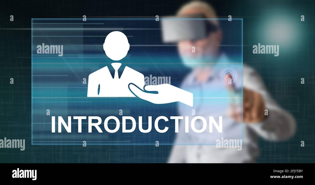 Man with vr headset touching an introduction concept on a touch screen ...