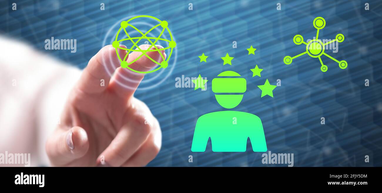 Woman touching a virtual reality concept on a touch screen with her ...