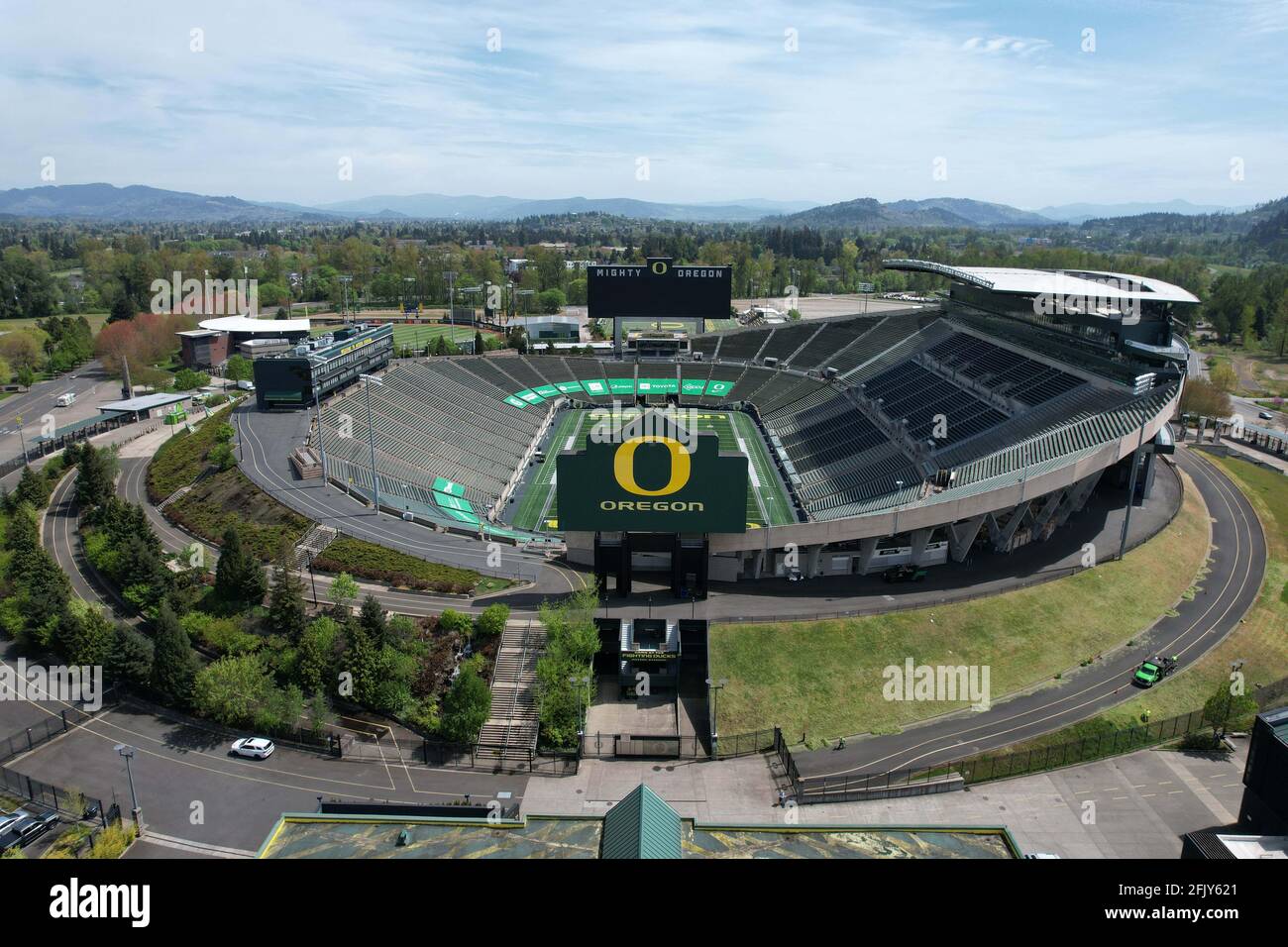 An aerial view of Autzen Stadium on the campus of the University of ...