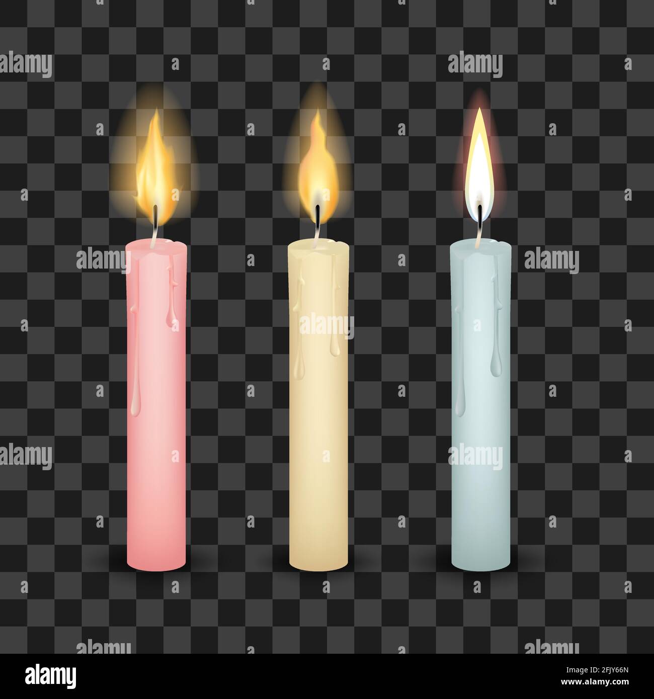 Set of three vector realistic burning tall candles isolated on ...