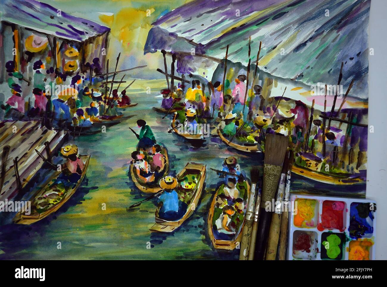 Watercolor ,painting ,art class , Floating market ,Thai land Stock ...
