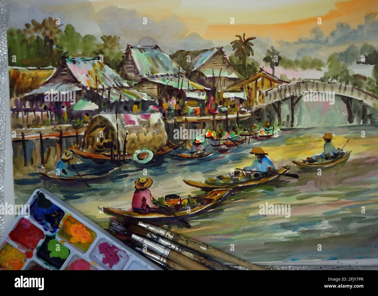 Watercolor ,painting ,art class , Floating market Thailand Stock Photo ...