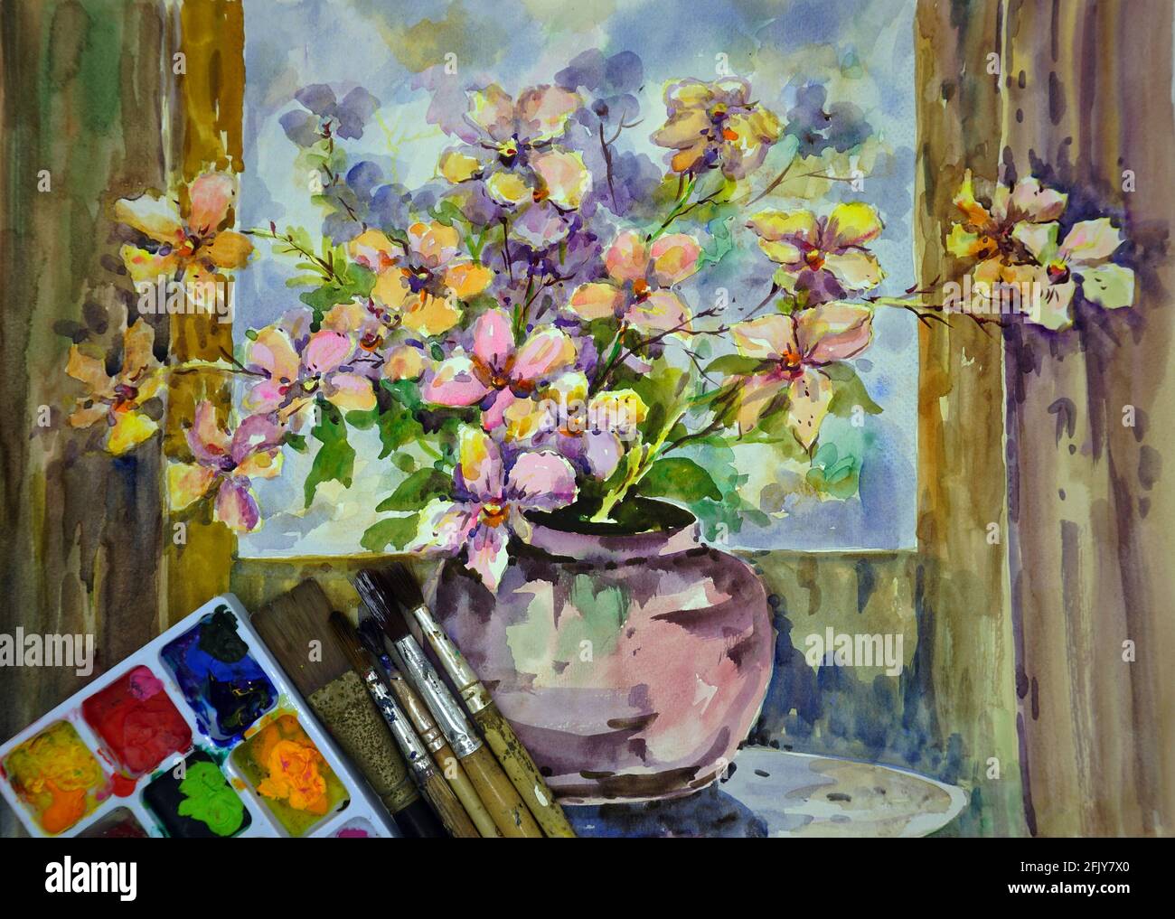 watercolor ,painting ,art class , Flowers Stock Photo - Alamy