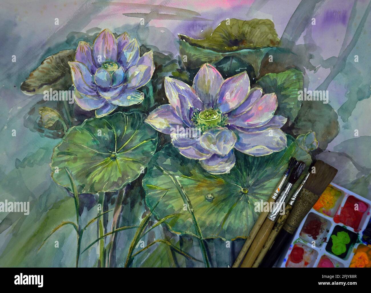 watercolor ,painting ,art class lotus flower Stock Photo - Alamy
