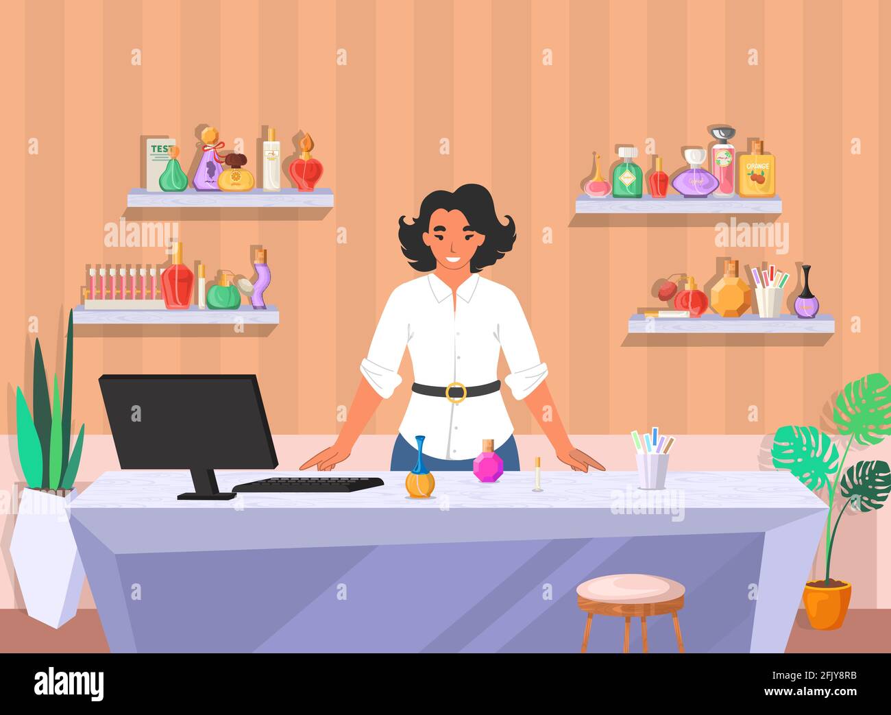 Perfume store. Female shop assistant standing at counter, flat vector ...