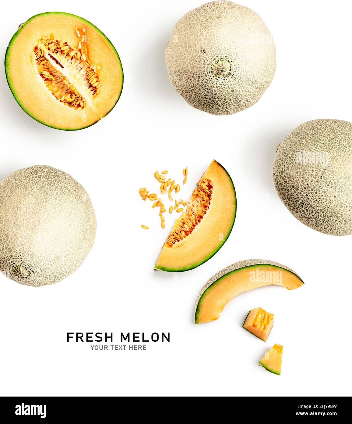 Fresh melon fruit creative layout isolated on white background. Healthy ...