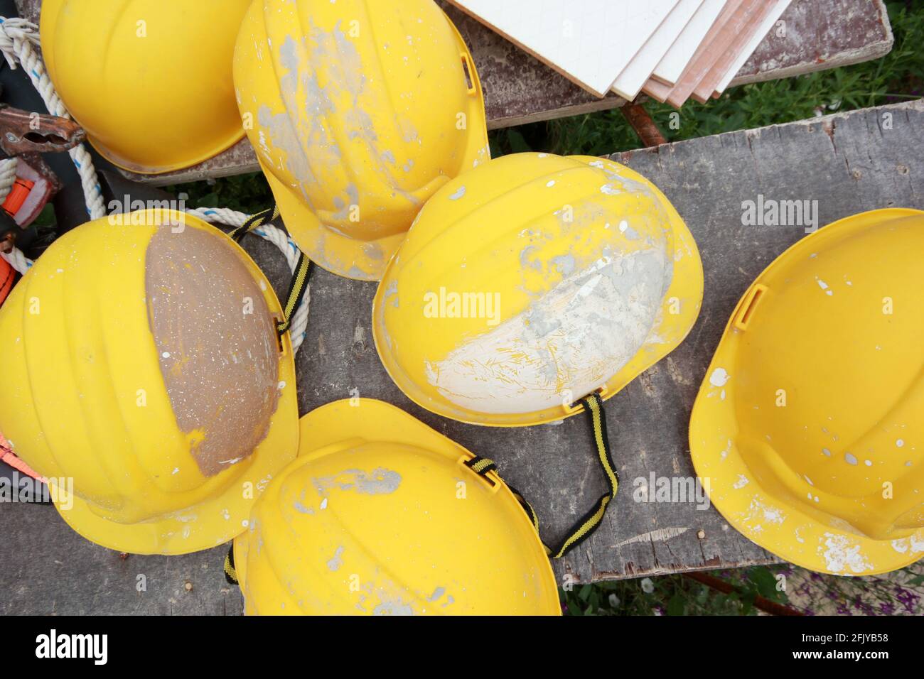 Yellow safety Construction Worker Hats. Safety at work Stock Photo - Alamy