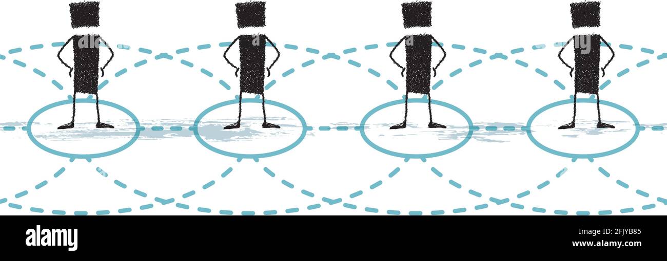 Silhouettes of a group of stick figures connected by lines ...