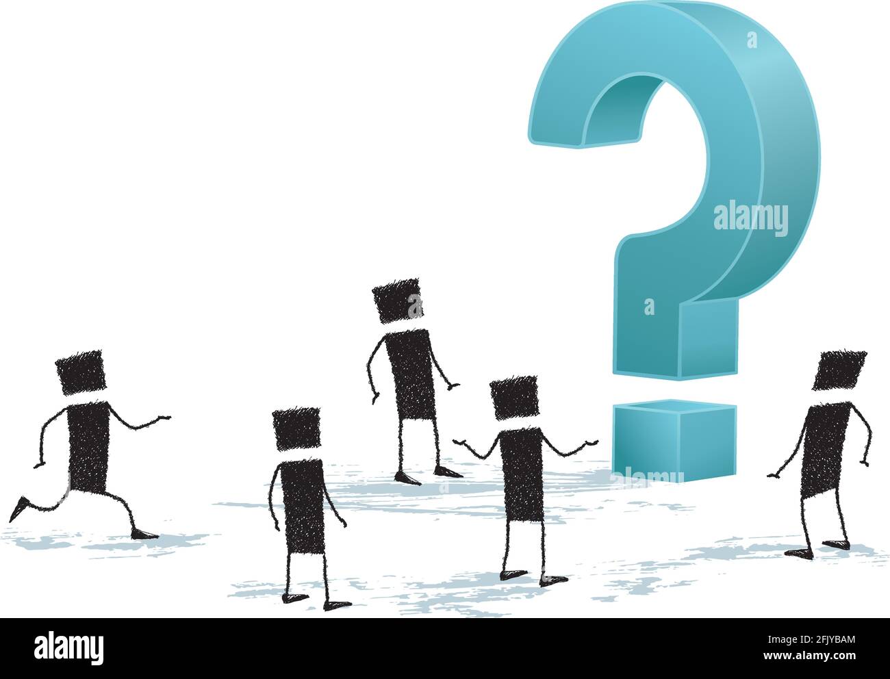 On the floor there is a huge question mark. A group of stick figures ...