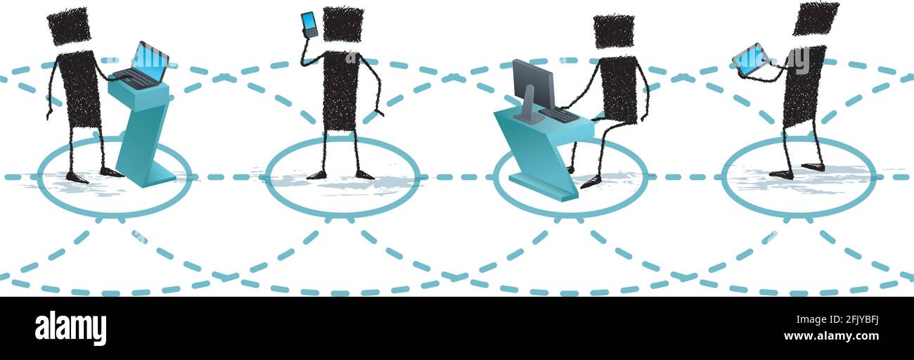 Silhouettes of a group of stick figures connected with one another in a ...