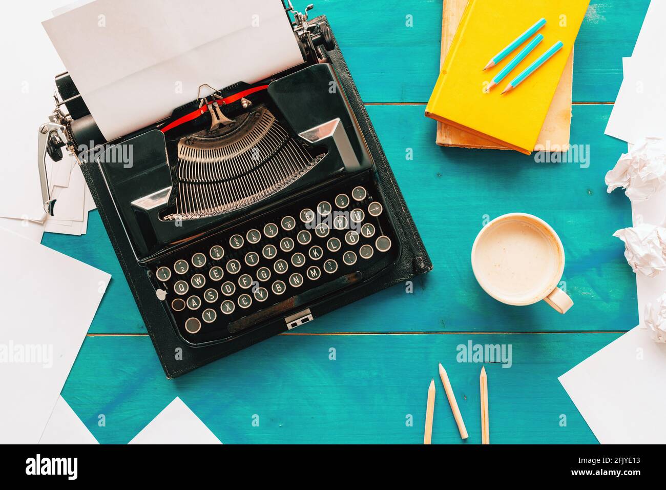Top view of writer's block concept with vintage classic typewriter on ...